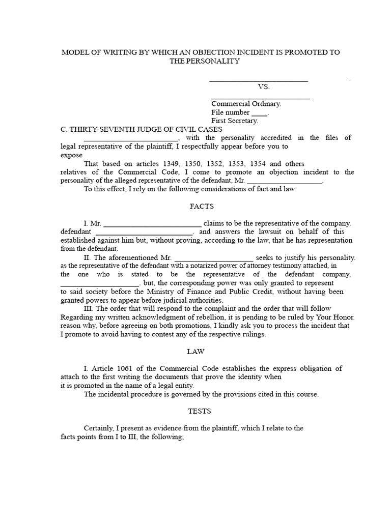 Model of Written Document For Promoting An Objection Incident | PDF ...
