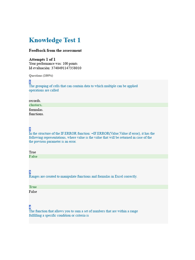 Excel Knowledge Test Feedback Summary | PDF
