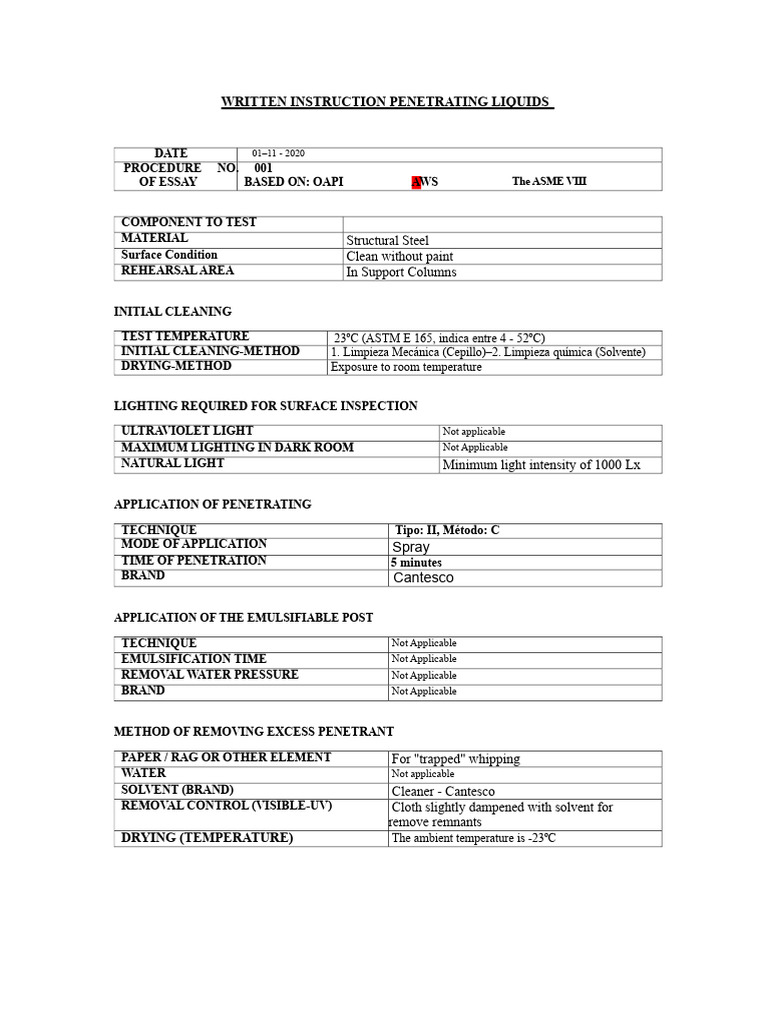 WRITTEN INSTRUCTION PENETRATING LIQUIDS | PDF | Industrial Processes | Materials