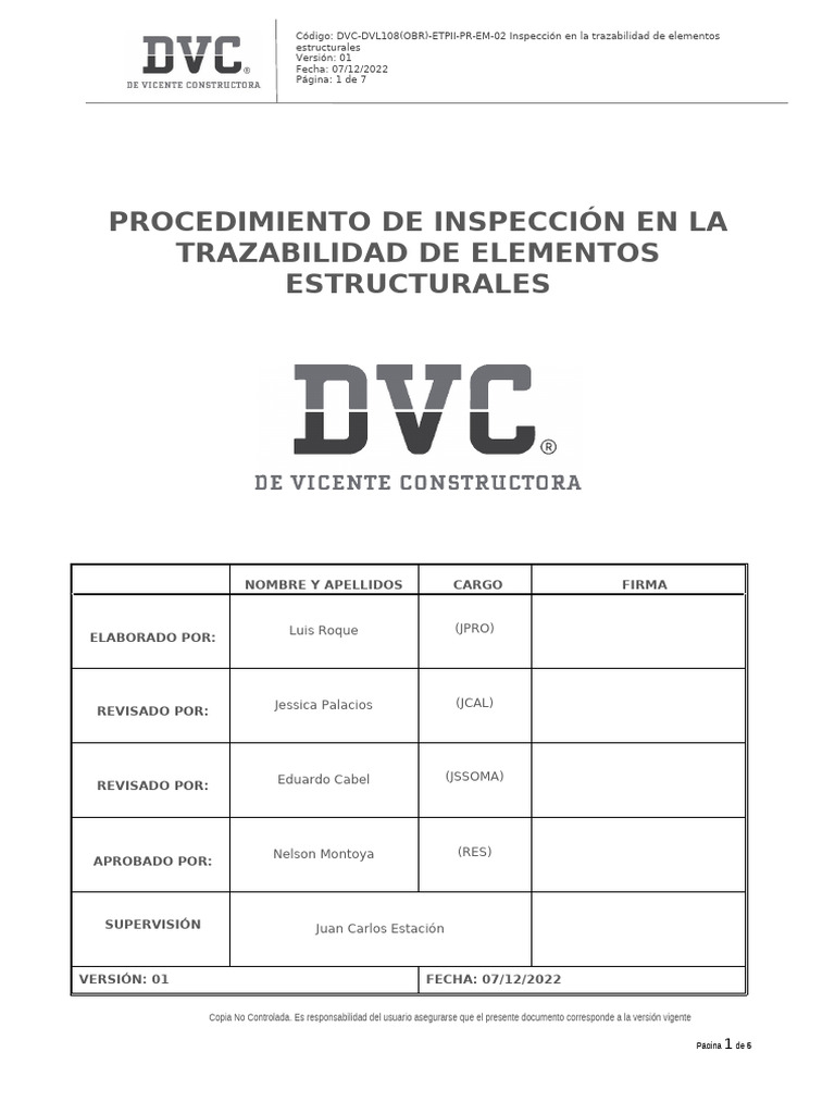DVC-DVL108 (OBR) - ETPII-PR-EM-02 Inspección en La Trazabilidad de Elementos Estructurales Ver ...