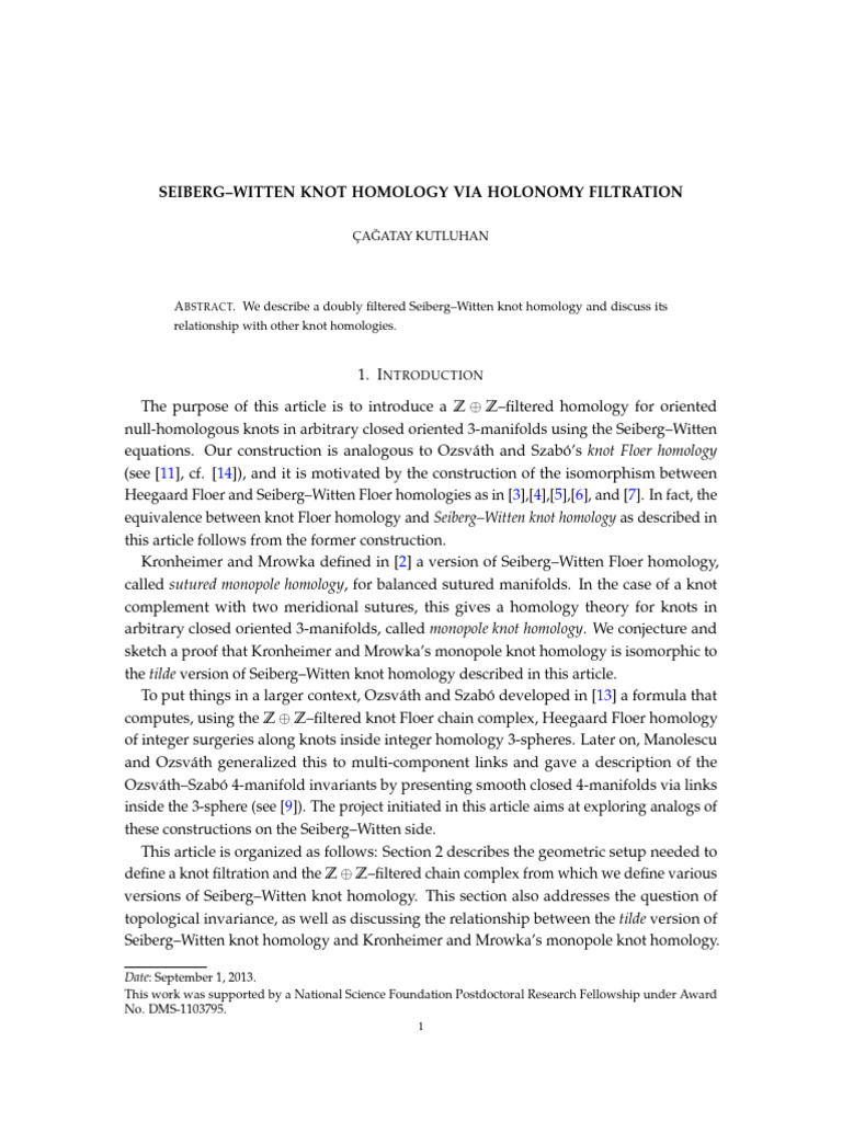 Seiberg-Witten Knot Homology Analysis | PDF | Coordinate System ...
