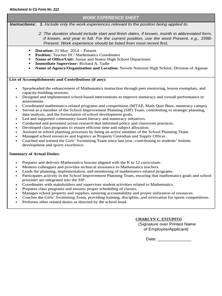 ANNEX H-2 - CS Form No. 212 Attachment - Work Experience Sheet | PDF | Mentorship | Learning