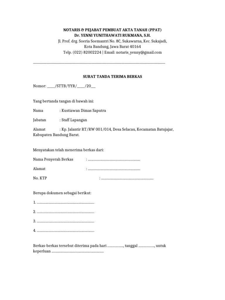 Surat Tanda Terima Berkas Notaris Yenni | PDF