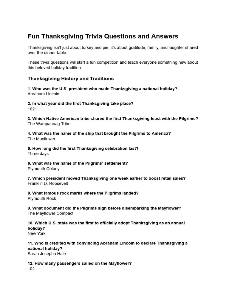 Thanksgiving Trivia Questions & Answers | PDF | Thanksgiving Dinner ...