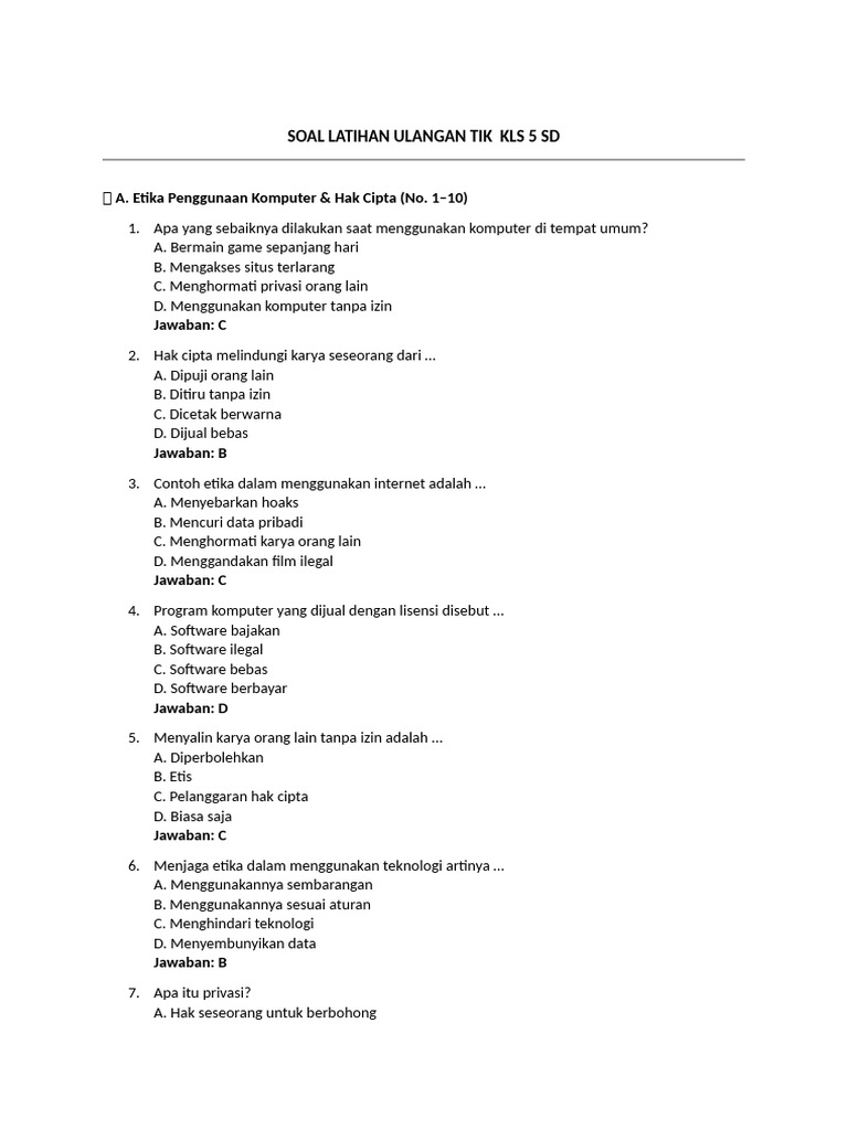 Soal Ulangan Tik Kls 5 | PDF