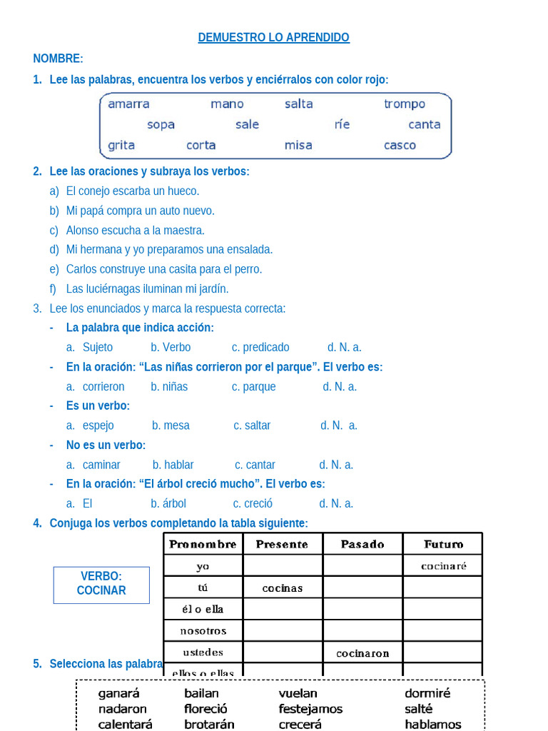 Evaluación de Verbos y Pronombres | PDF | Verbo | Pronombre