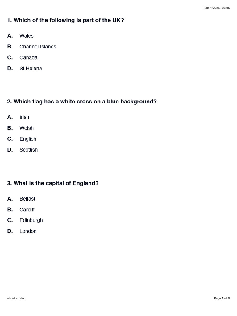 What Is The UK? - 17 Practice Questions - Life in The UK | PDF | United ...