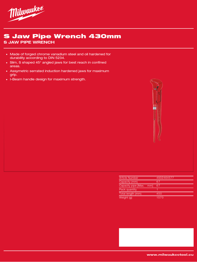 S Jaw Pipe Wrench 430mm | PDF