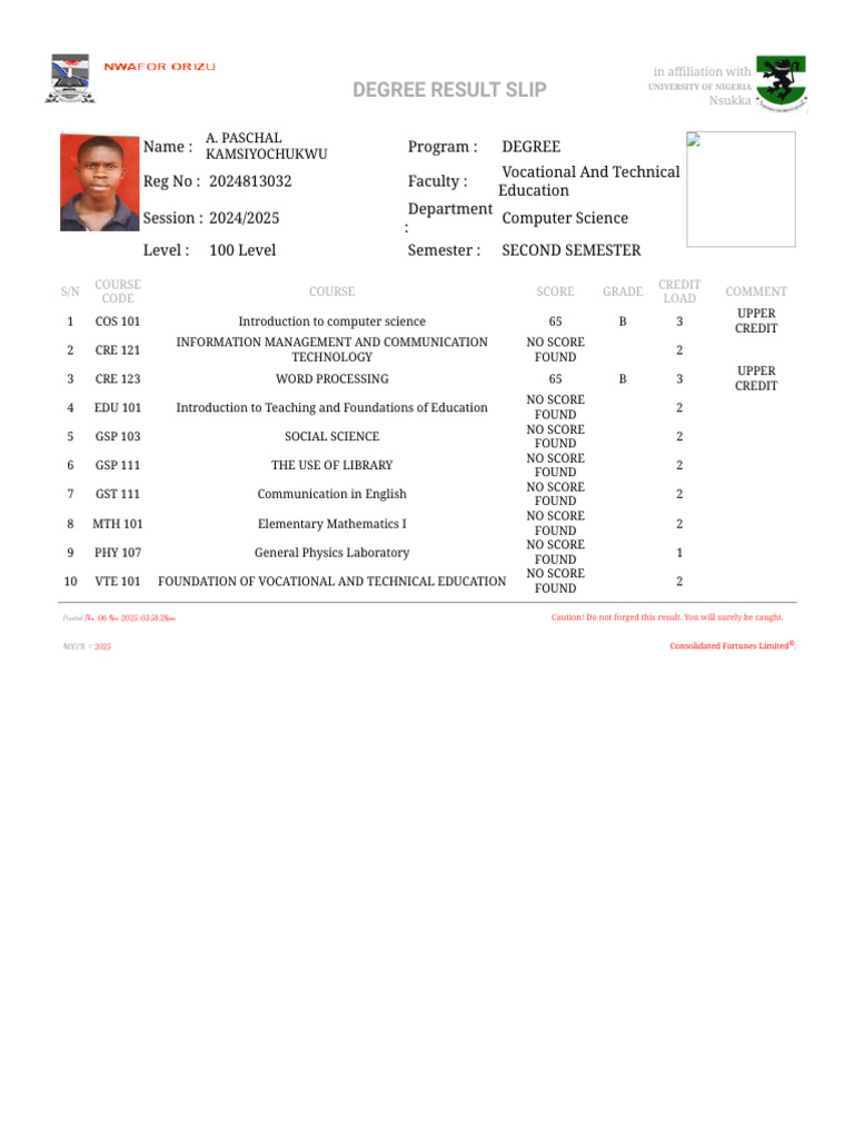 University of Nigeria Degree Result Slip | PDF | Science