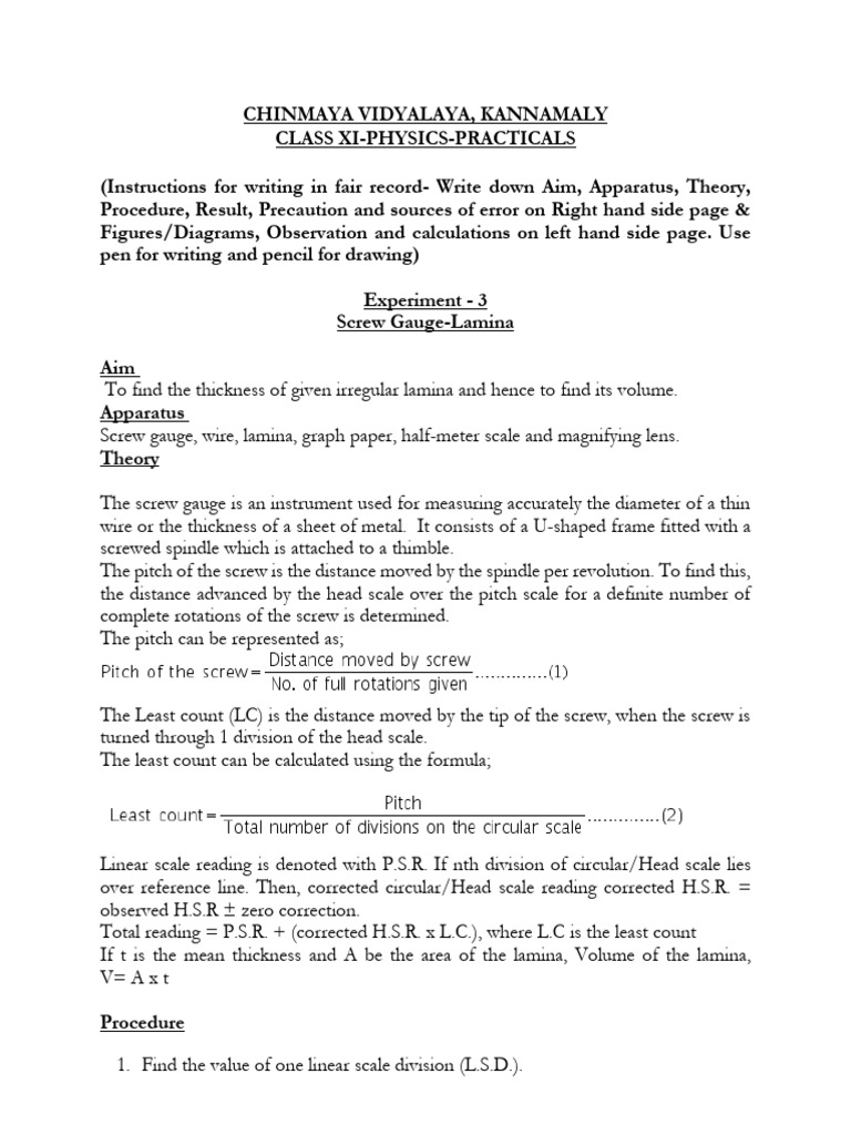 Class 11-Physics - Experiment 3 | PDF | Area