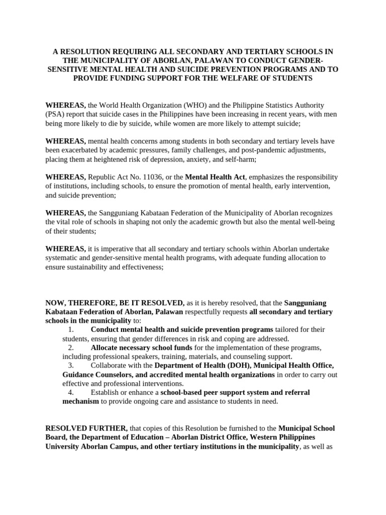 A Resolution Requiring All Secondary and Tertiary Schools in the ...