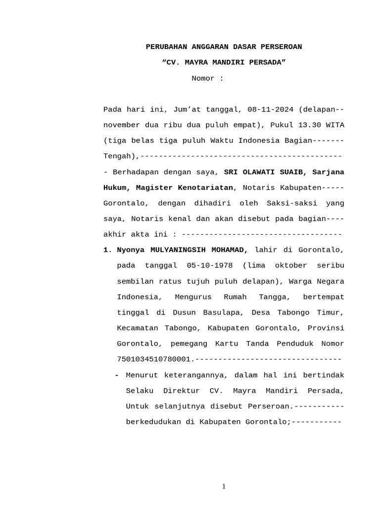 Perubahan Anggaran Dasar CV. Mayra Mandiri | PDF