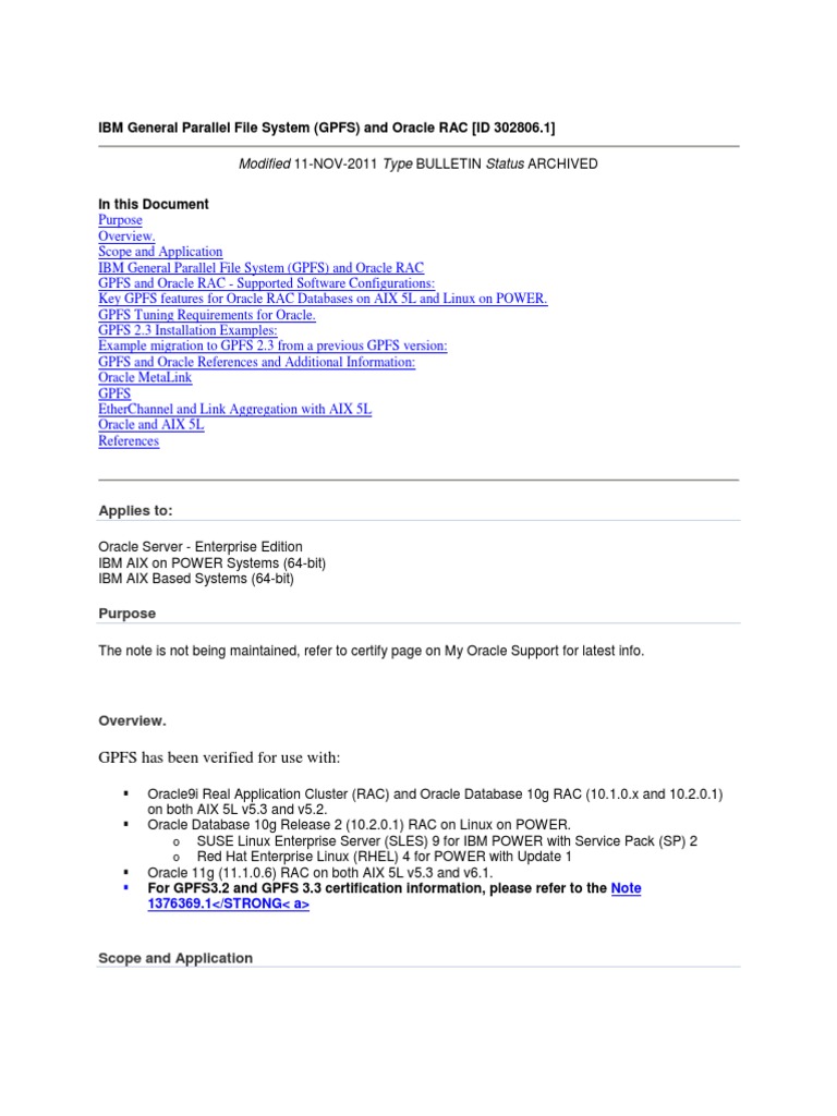 IBM General Parallel File System (GPFS) and Oracle RAC (ID 302806.1 ...