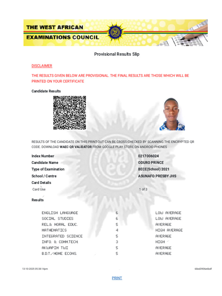 Provisional BECE Results Slip 2021 | PDF