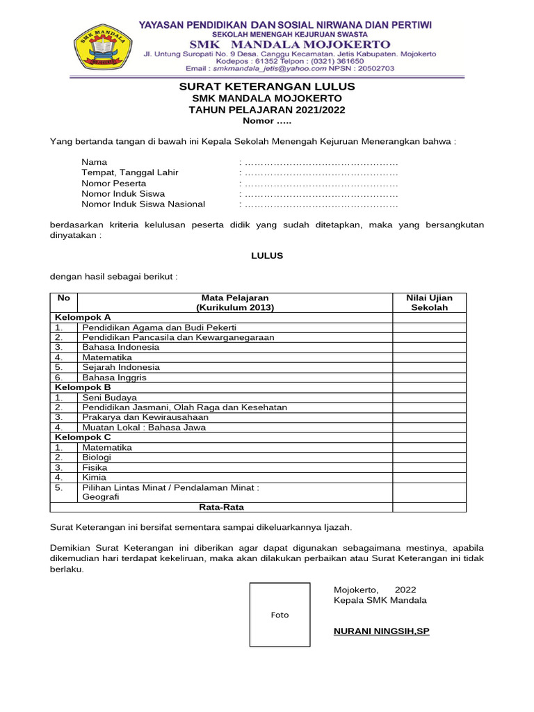 Surat Keterangan Lulus SMK 2022 | PDF