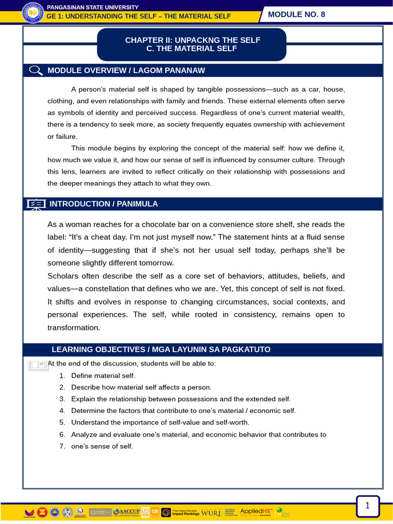 GE1 UTS Module 8 Materal Self Student | PDF | Identity (Social Science ...