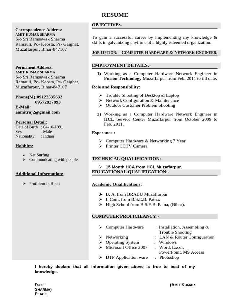 Resume of Amit Kumar | PDF | Computer Science | Computer Architecture