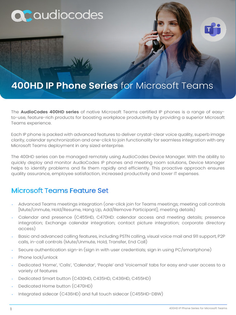 Audiocodes 400hd Ip Phones Series For Microsoft Teams | PDF | Telephone ...