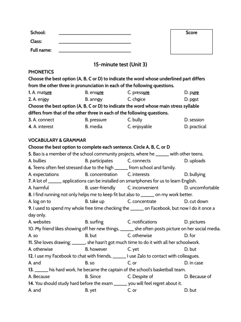 G8 15-Minute Test Unit 3 | PDF | Linguistics