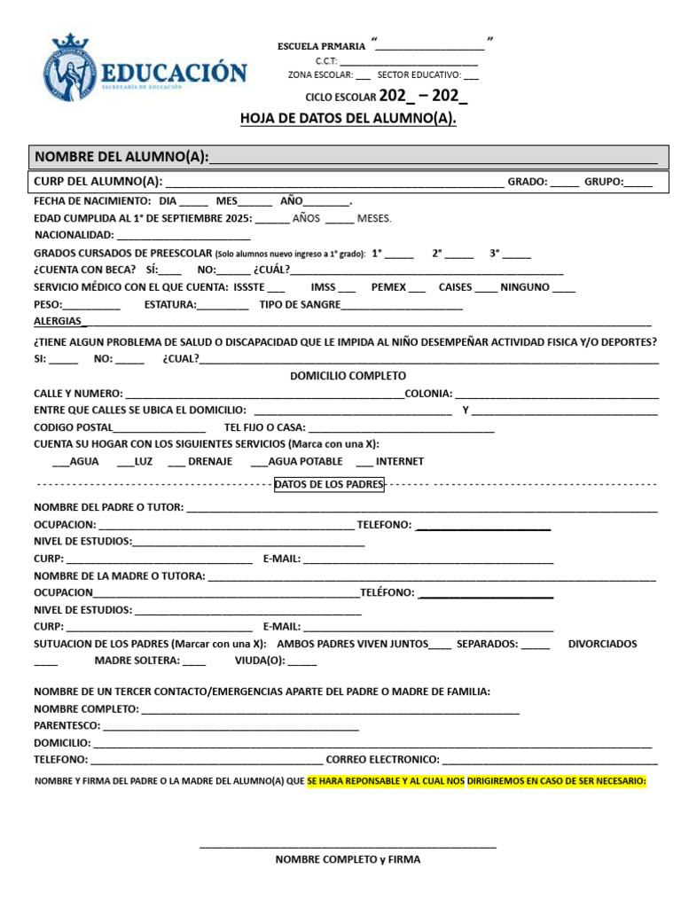 Hoja de Datos del Alumno Escolar 202_ | PDF