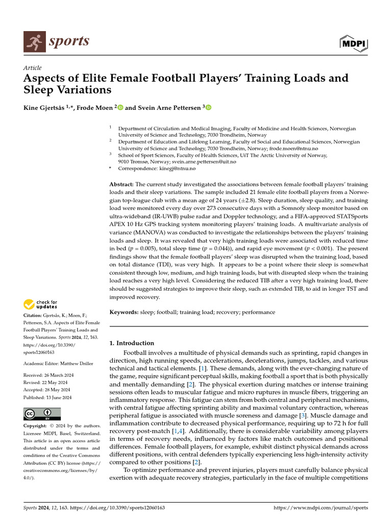 Aspects of Elite Female Football Players' Training Loads and Sleep ...
