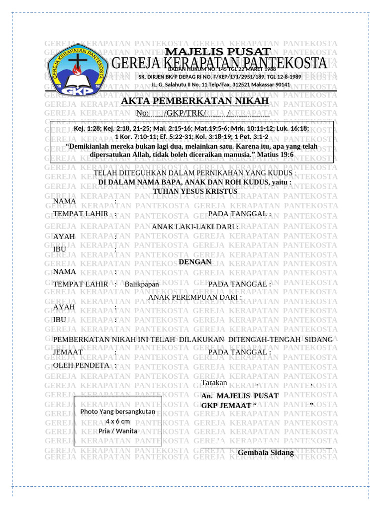 Akta Pernikahan Gereja Kerapatan Pantekosta | PDF