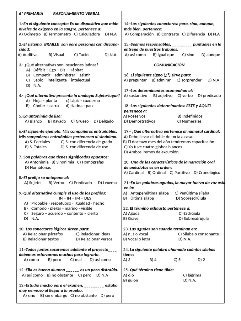 Ejercicios De Razonamiento Verbal 6º Primaria Pdf Lingüística