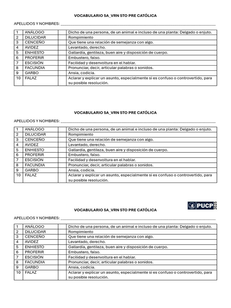 Vocabulario 5a Estudiantes | PDF