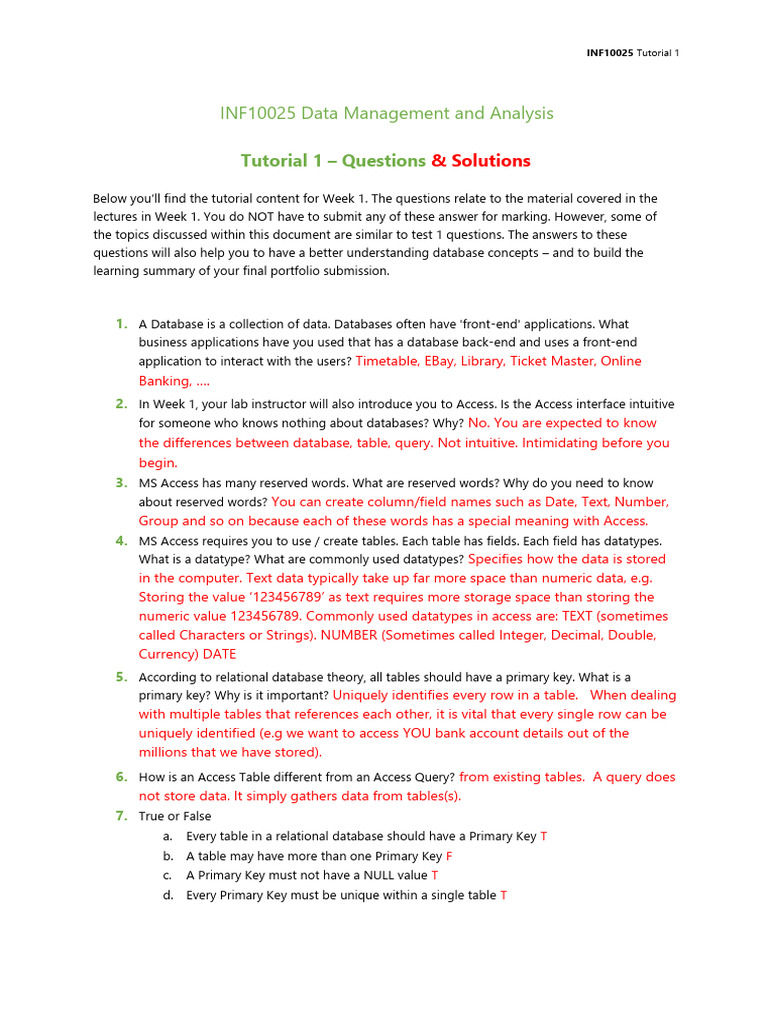 INF10025 - Tutorial 1 Soluitions | PDF | Table (Database) | Databases