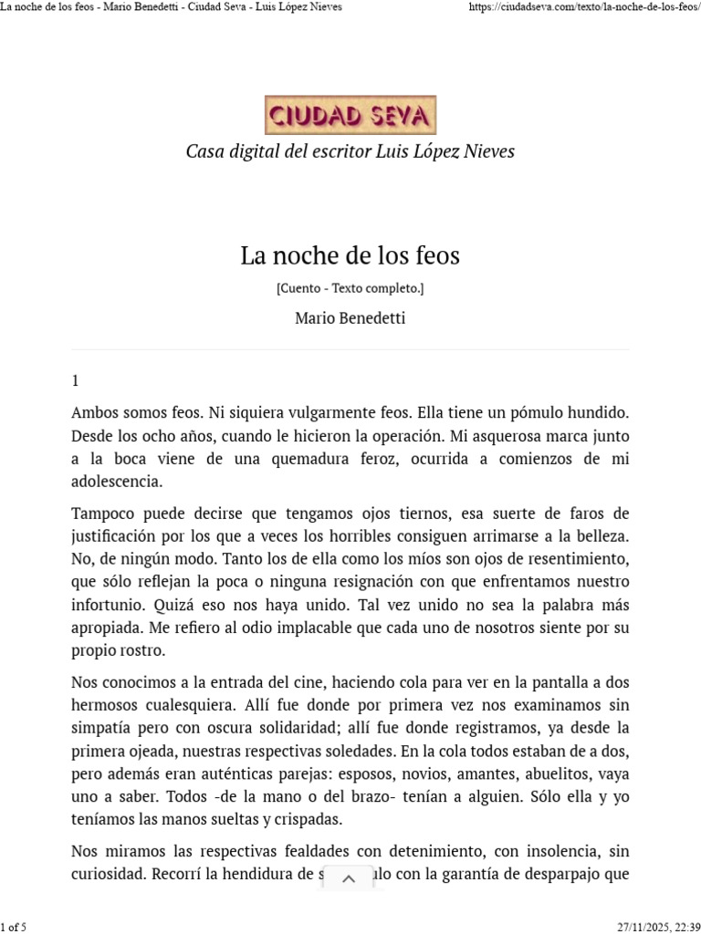 La Noche de Los Feos - Mario Benedetti - Ciudad Seva - Luis López ...