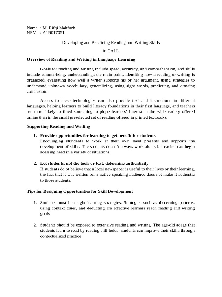Enhancing Reading and Writing in CALL | PDF
