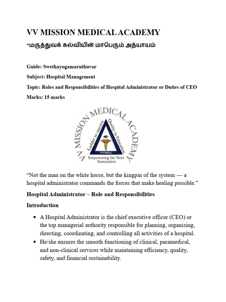 Hospital Administrator Roles & Duties | PDF | Health Administration ...