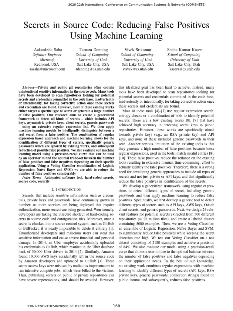 Secrets in Source Code Reducing False Positives Using Machine Learning ...