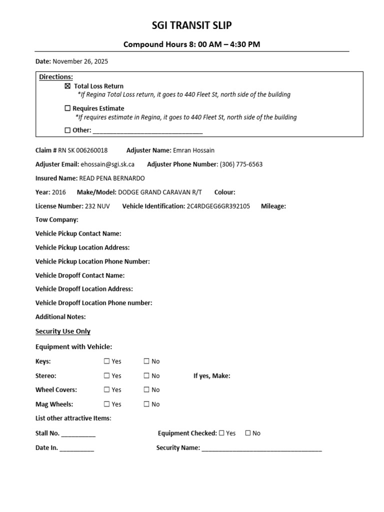 SGI Transit Slip for Vehicle Claim | PDF