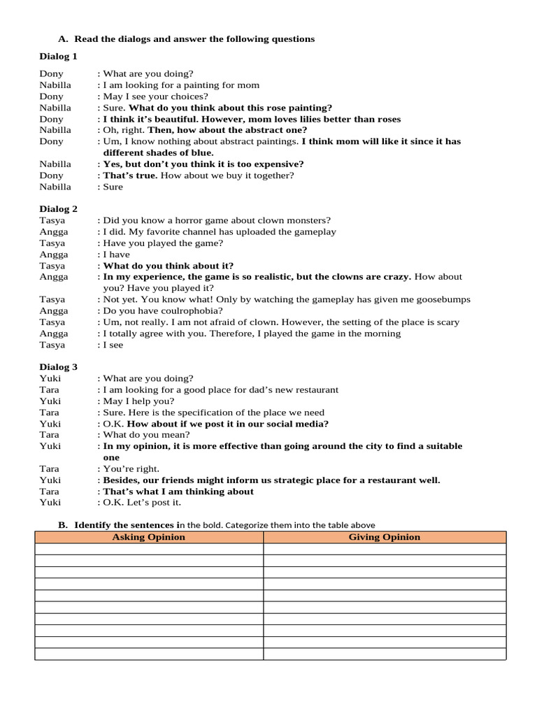 Student S Worksheet Asking and Giving Opinion | PDF