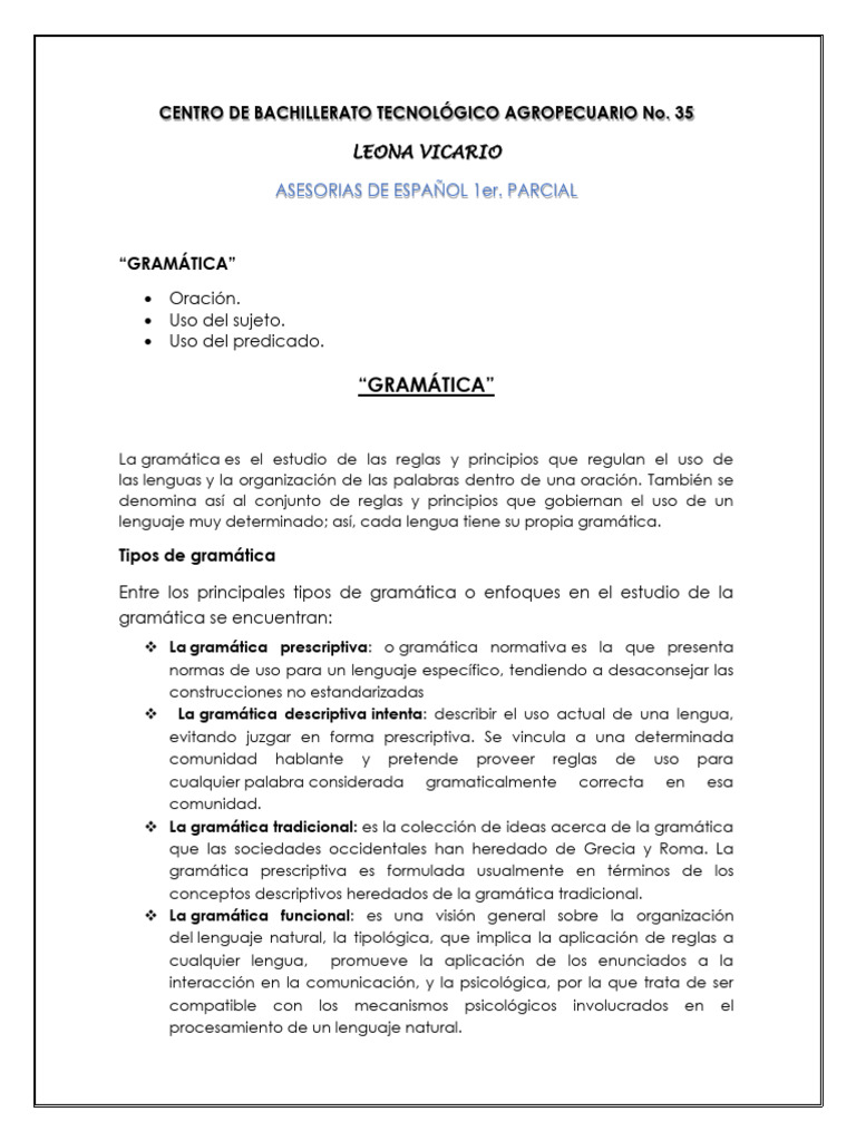 Gramática: Oraciones y Sujeto | PDF | Verbo | Adjetivo
