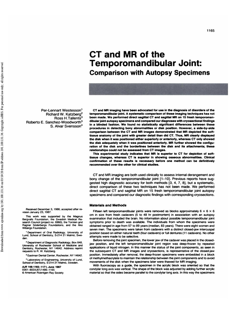 CT and MR of The Temporomandibular Joint - Comparison With Autopsy ...