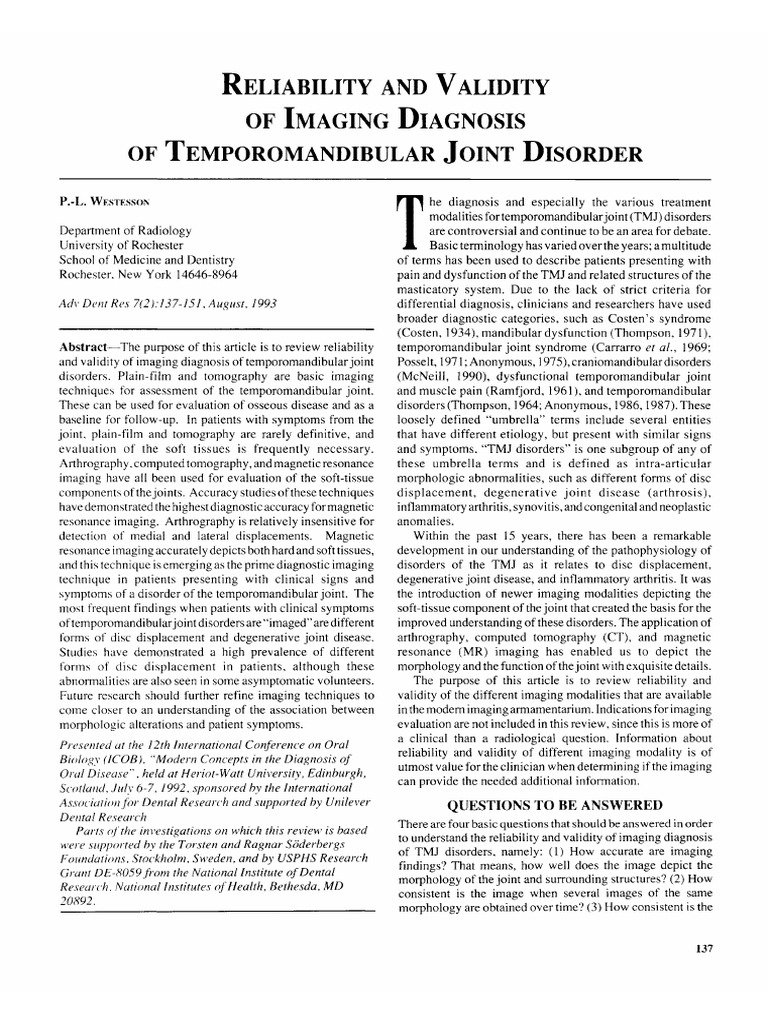 Imaging Reliability for TMJ Disorders | PDF | Medical Imaging | Ct Scan
