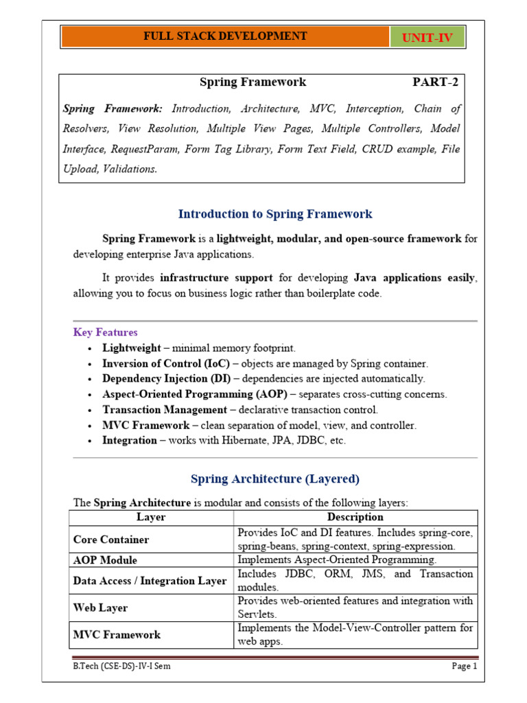 FSD Unit 4 Part 2 Notes | PDF | Spring Framework | Model–View–Controller