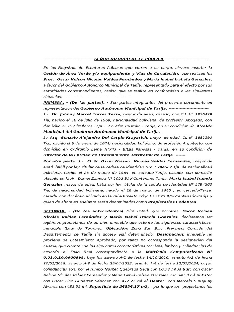 Minuta de Cesion de Areas Verdes y, Vias de Circulacion Oscar Valdez Fraccion 2 (1) | PDF