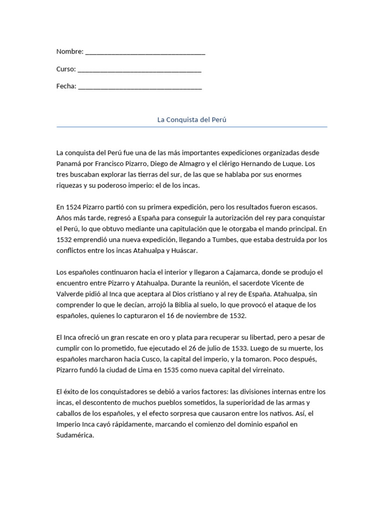 La Conquista Del Peru Una Hoja | PDF