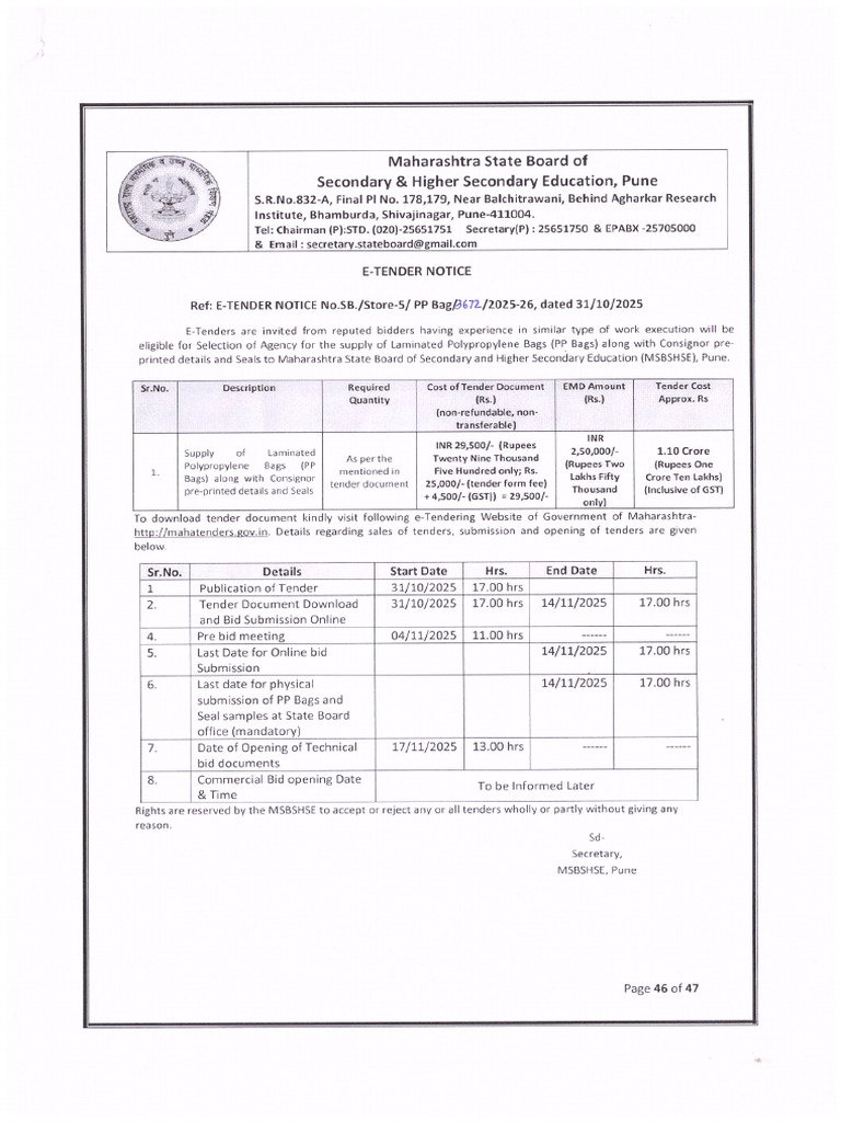 E TENDER NOTICE No SB Store 5 PP Bag6722025 26 Dated 31102025 ...