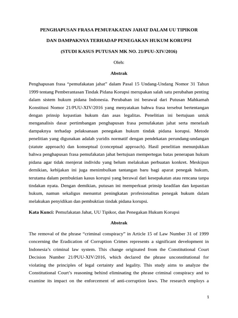 Dampak Penghapusan Pemufakatan Jahat UU Tipikor | PDF