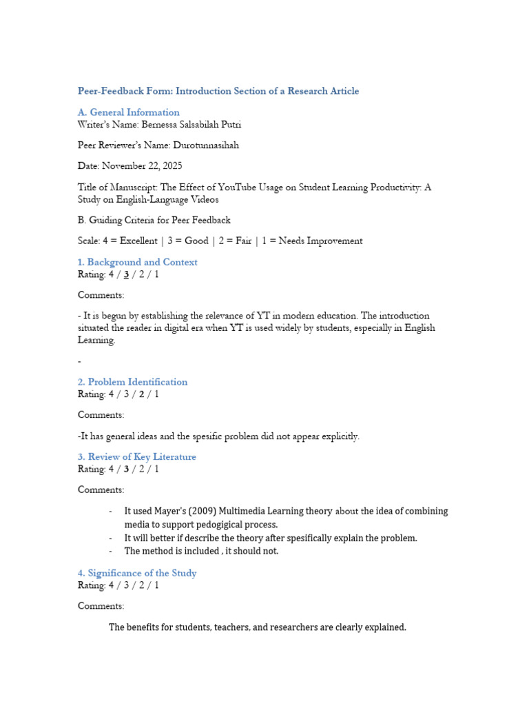 Peer Feedback Form Introduction | PDF | Learning | Human Communication