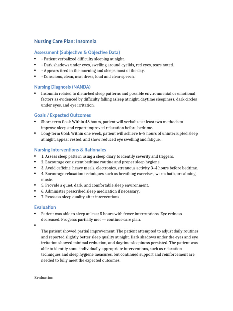 Nursing Care Plan Insomnia | PDF | Sleep | Insomnia
