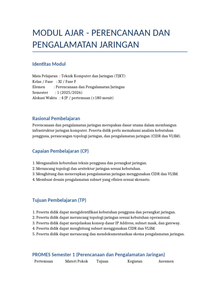 Modul Ajar Perencanaan Pengalamatan Jaringan Semester 1 | PDF
