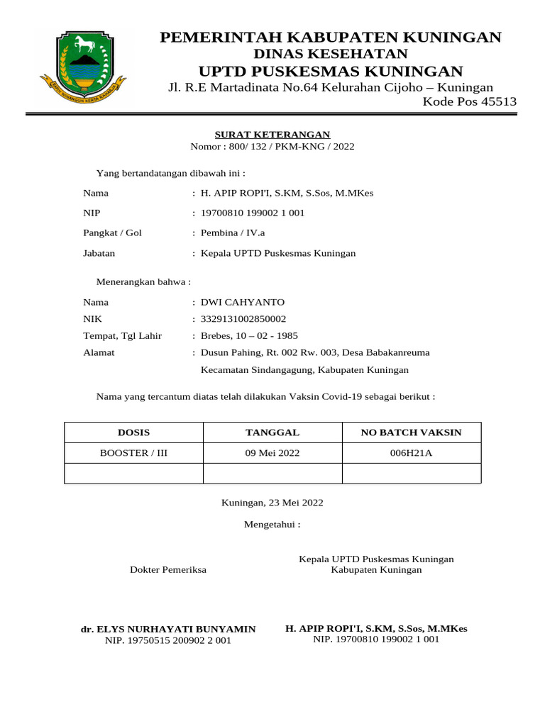 Surat Keterangan Vaksin Covid-19 Kuningan | PDF