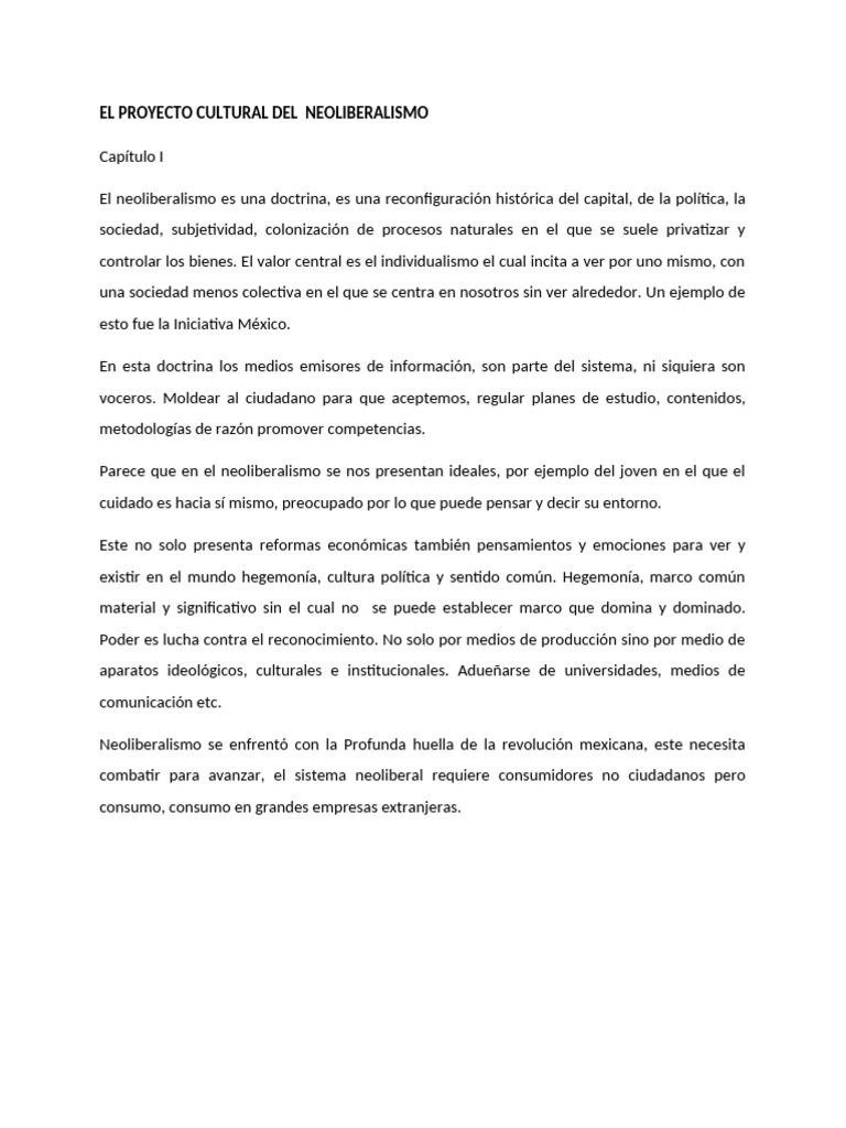Neoliberalismo y su Impacto Cultural | PDF
