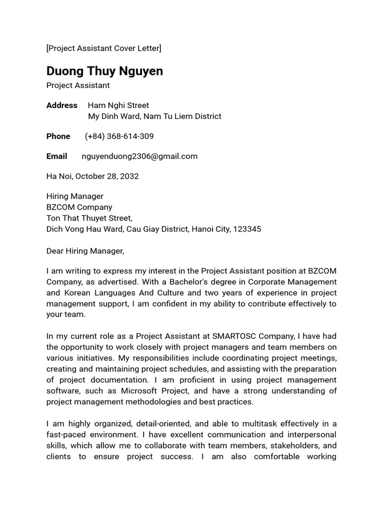 Cover Letter - Project Assistant Sample | PDF