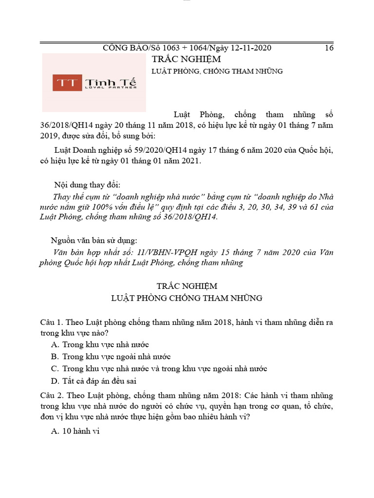 Trac Nghiem Luat Phong Chong Tham Nhung Cau Hoi Dap An Mon Phap Luat D ...